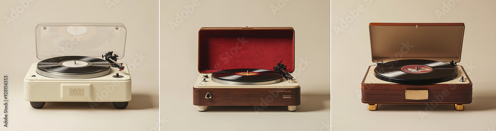 Three stylish vinyl record players: vintage white plastic turntable ...