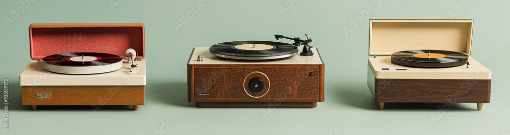 Three distinct styles of vinyl record players: a vintage white plastic ...
