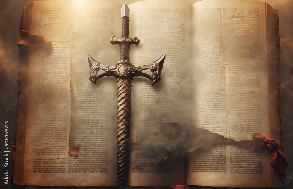 Bible sword concept,As the pages of the bible turn, a sword ...