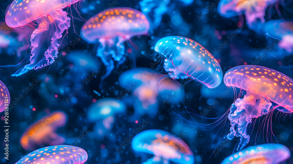 repeating pattern of blacklight jellyfish (seamless, repeatable, tile ...