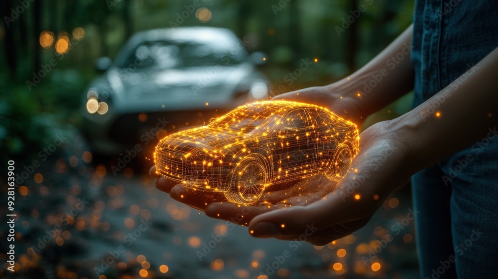 Hands holding a glowing biomethane fuel cell, next to a hybrid car ...