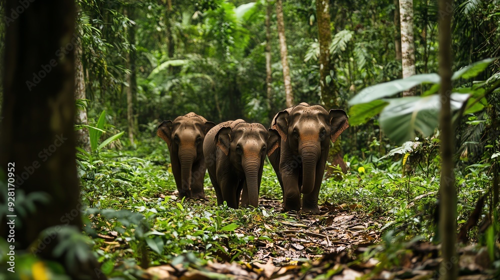 Three elephants walking through a dense jungle, symbolizing wildlife ...