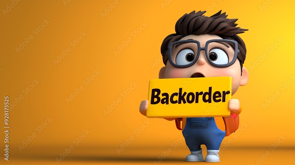 Backorder Boy.A 3D cartoon illustration of a young boy with glasses and ...