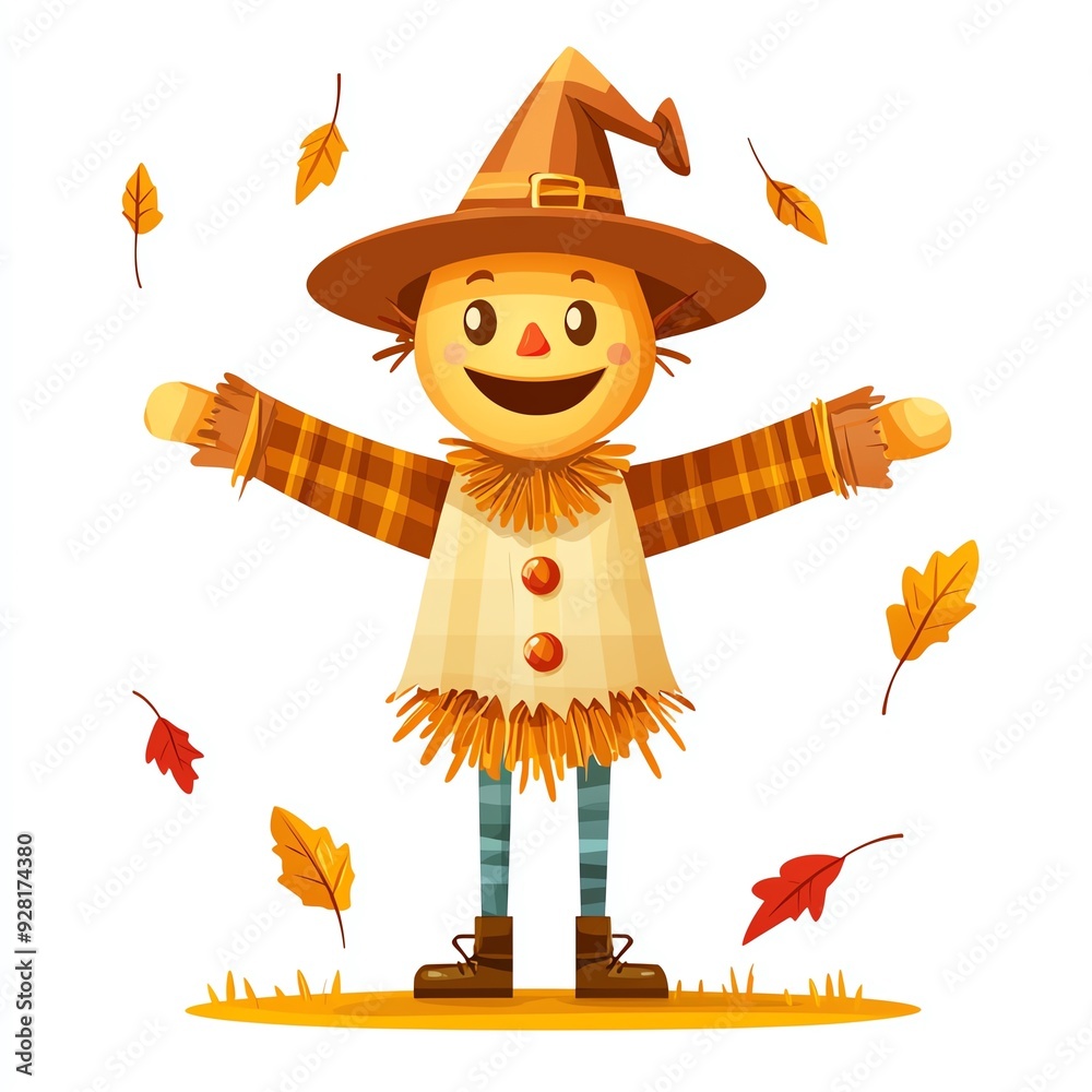 Smiling scarecrow with outstretched arms and autumn leaves falling ...