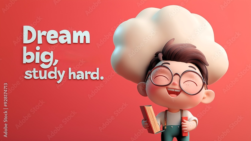 Dream Big, Study Hard. 3D Illustration of a cheerful student with a ...