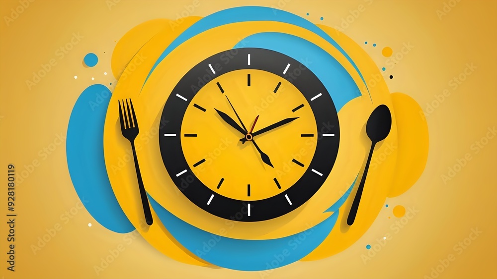 Yellow clock face with black hands, surrounded by blue and yellow ...