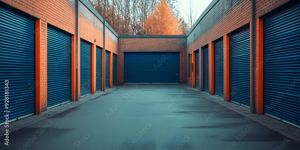 "Wide-Angle Photo of Row Terraced Storage Unit Buildings, Emphasizing ...