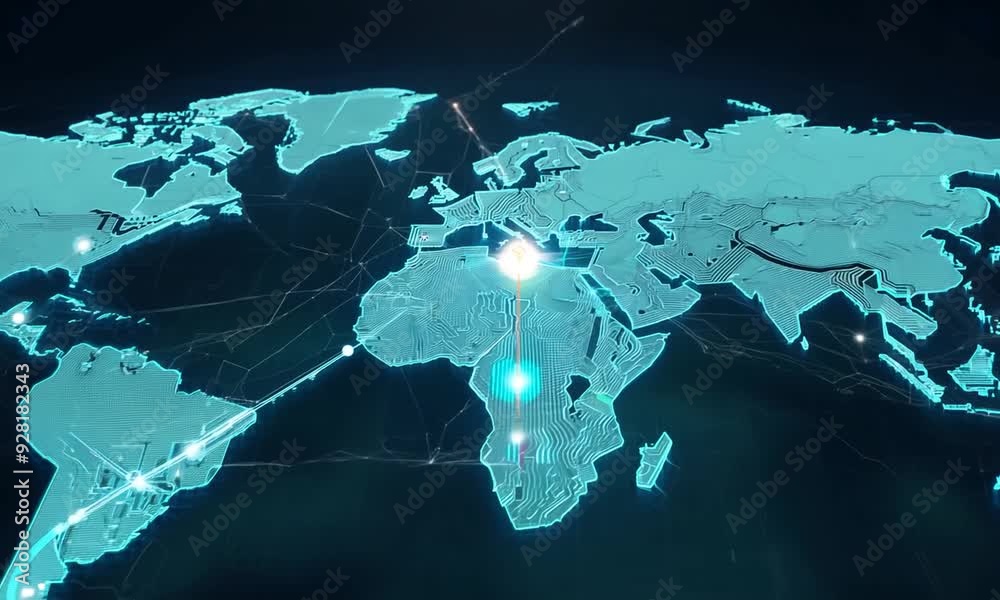 Futuristic neon glow world map with lines representing connections and ...