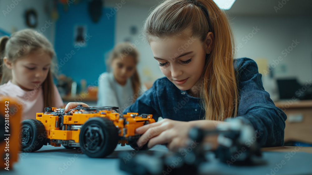 Young children building a toy car in a classroom during an after-school ...