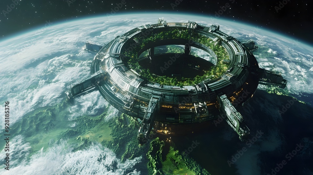 Futuristic 3D rendered image of a space station orbiting a lush ...