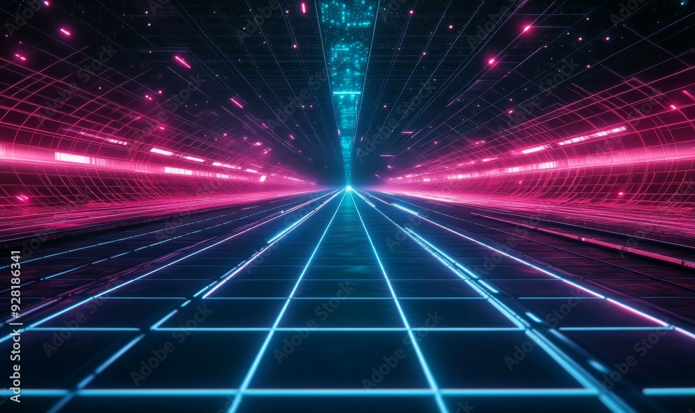80s Retro Sci-Fi Background Futuristic Grid landscape. Digital cyber ...