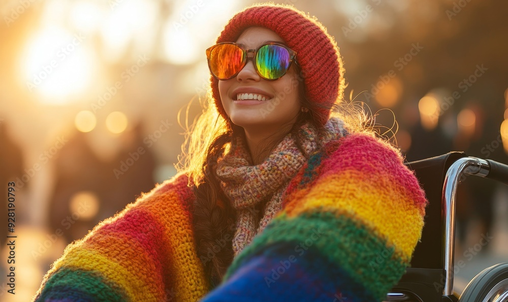 Happy disabled young girl in wheelchair wearing rainbow pride ...