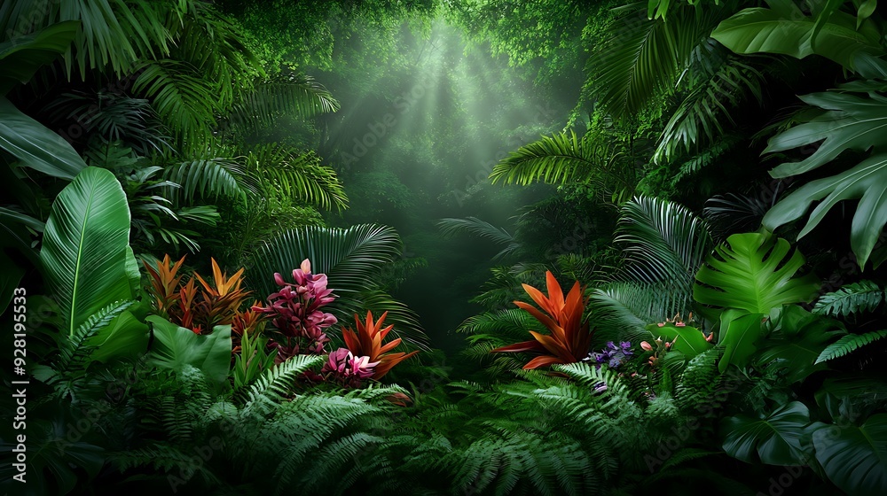 Tilted perspective of a vibrant forest scene with a variety of plants ...