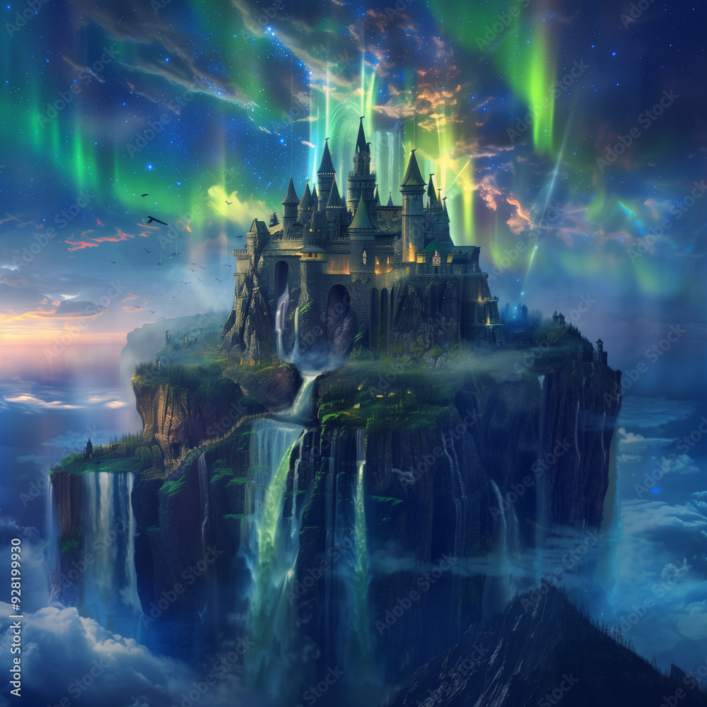 Fantasy World Unveiled: Aurora Night Over a Majestic Castle Built ...
