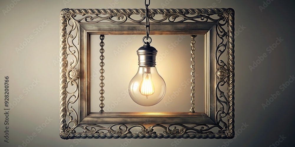 Illuminated light bulb centered within an ornate metal frame, suspended ...