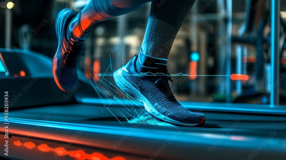 Runner on a treadmill with biomechanical analysis overlays showing ...