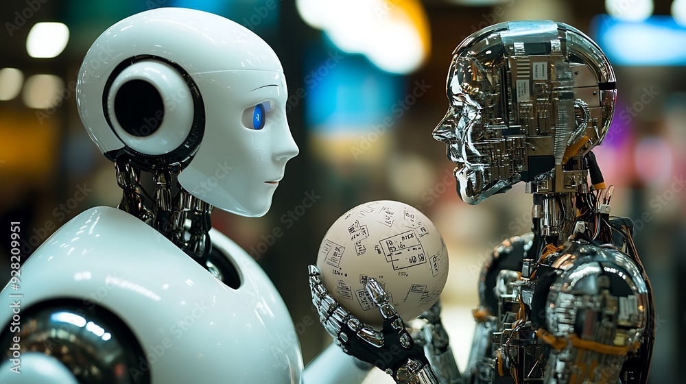 Two robots, one white and one silver, with visible internal mechanisms, stand facing each other ...