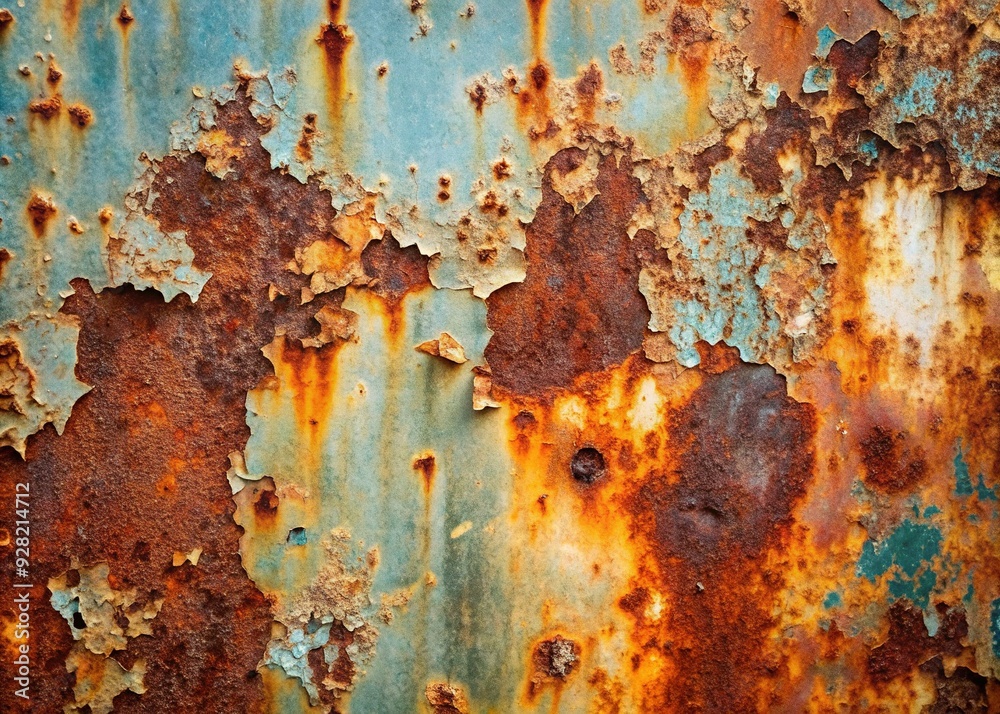 Rusty, corroded metal surface with flaking paint, scratches, and dents ...