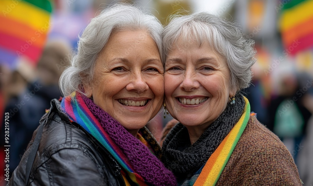 Happy senior lesbian couple embracing at pride month festival with ...