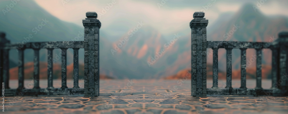 Ancient stone gates overlooking a misty valley, weathered pillars ...