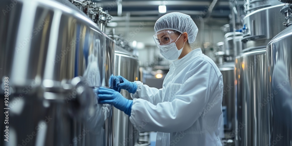 Lab technician monitors bioreactor vessels in pharmaceutical production ...