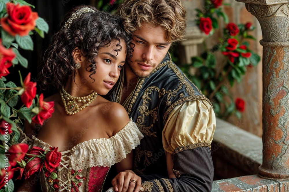 Romeo and Juliet on balcony. Couple in love, medieval theater play ...