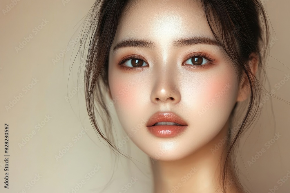 Beautiful young asian woman with clean fresh skin on beige background ...