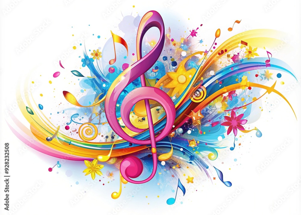 Vibrant treble clef symbol bursts with colorful energy, swirling notes ...