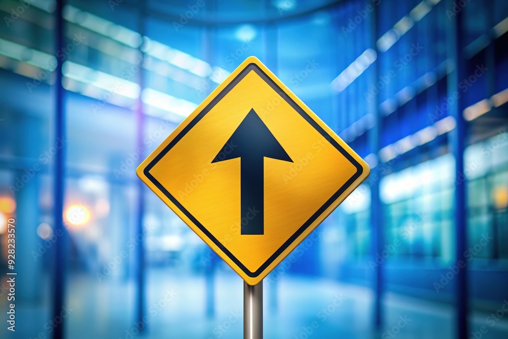 Vibrant yellow directional arrow sign stands out against a blurred blue ...