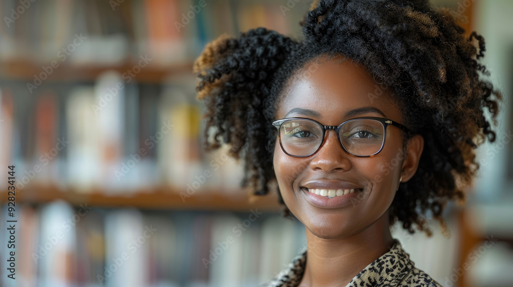smiling young African American female librarian face with natural hair ...