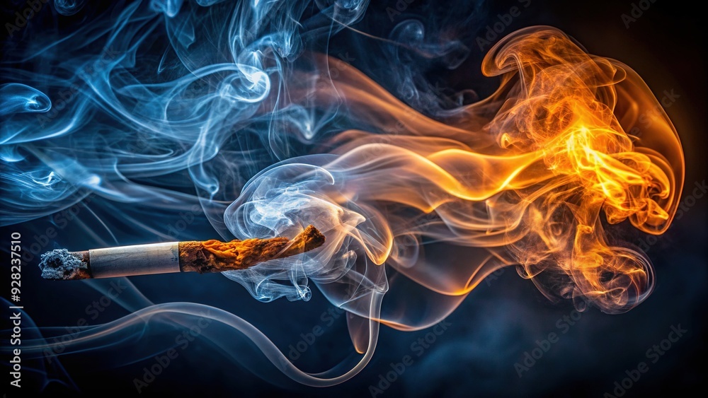 Wafting smoke curls upward from a lit cigarette, its glowing ember ...
