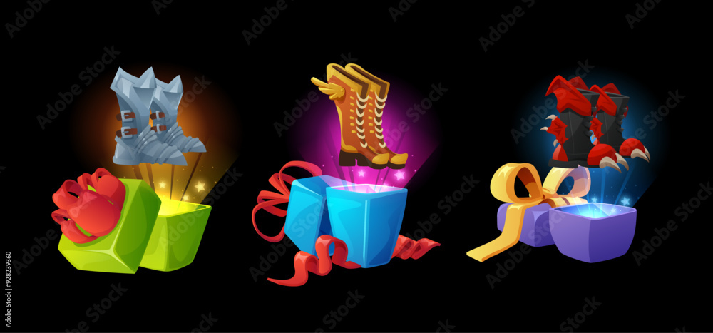 Open different gift boxes with boots prize vector glow set, GUI reward ...