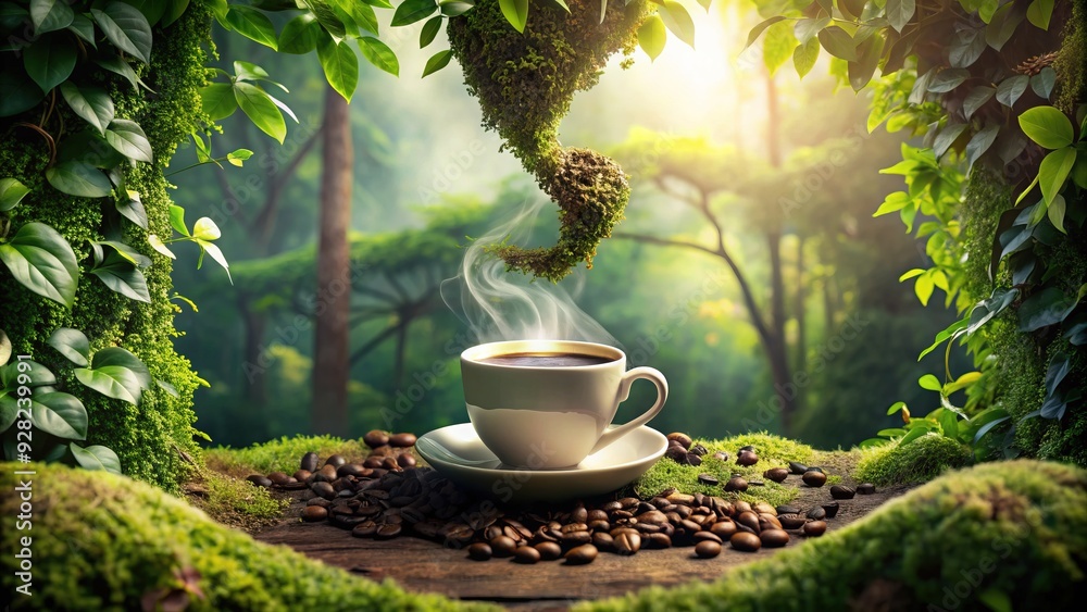 Whimsical illustration of a steaming cup of coffee surrounded by lush ...