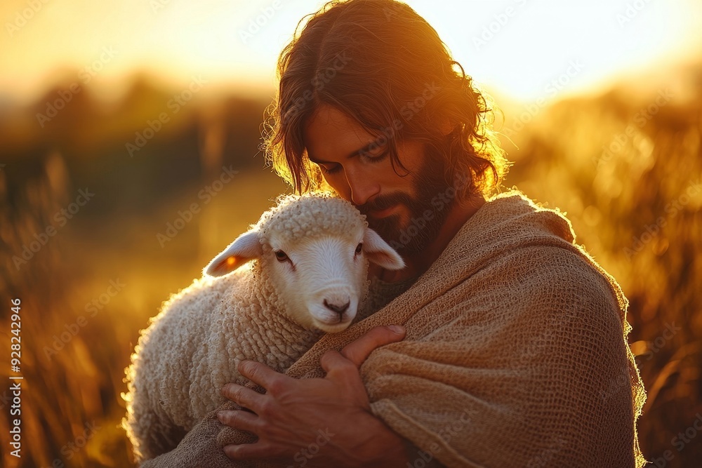 Shepherd Jesus Christ Taking Care of One Missing Lamb. Warm Toned Soft ...