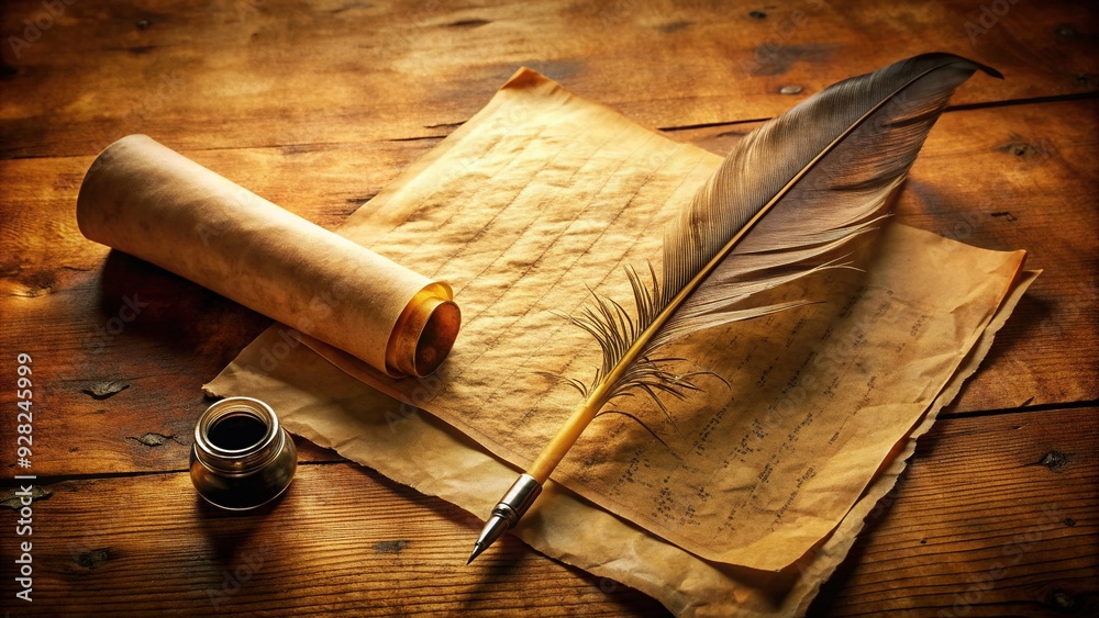Old, worn, and yellowed parchment paper with handwritten script and quill pen, evoking a sense ...