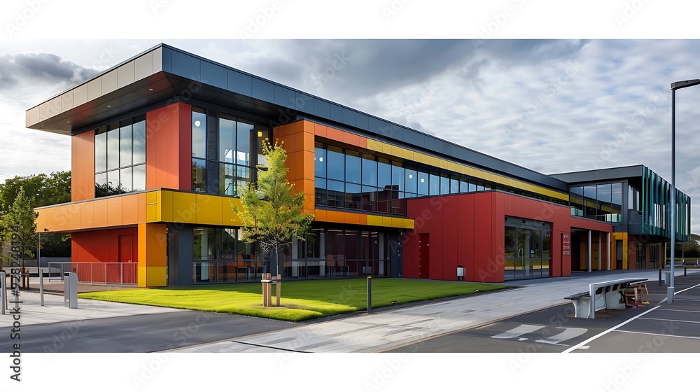 Foto de Modern school building with a colorful facade and a spacious ...
