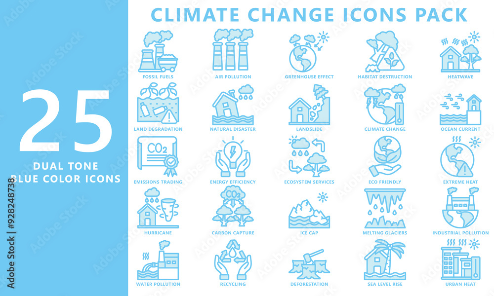 Climate change blue color icons set, contain pollutions, alternative ...