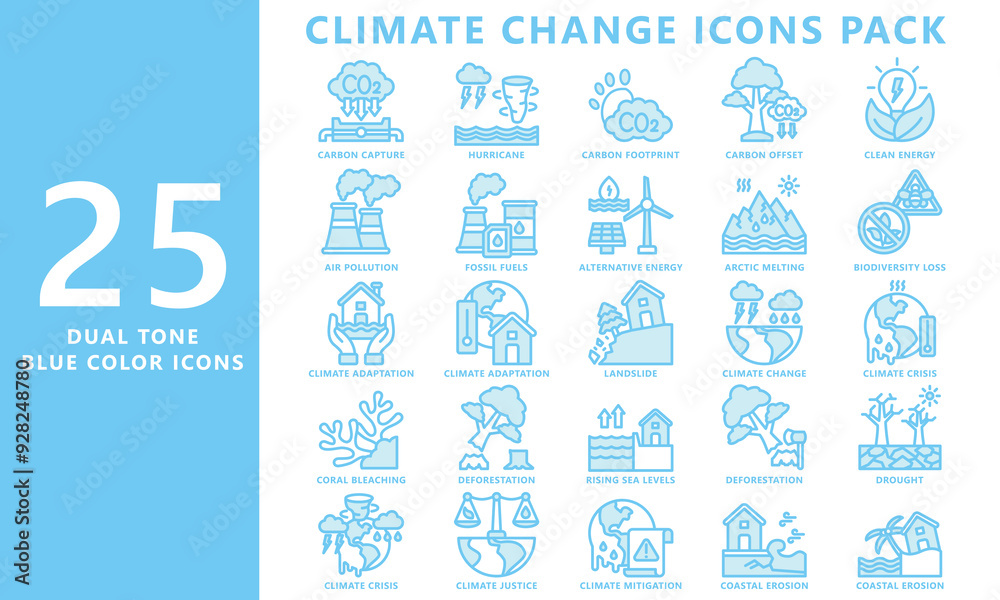 Climate change blue color icon set, contain pollutions, alternative ...