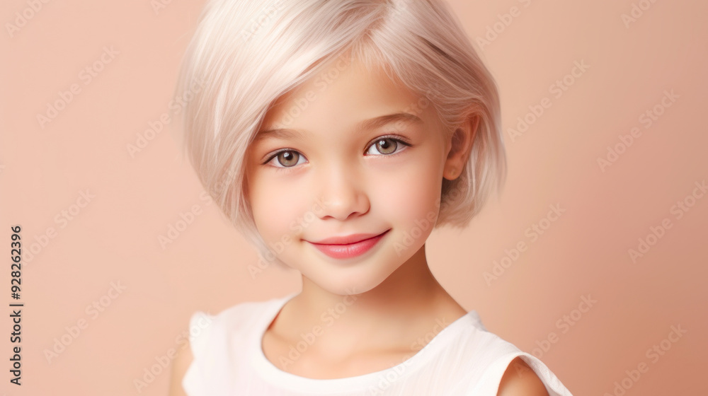 Portrait of a chic cute beautiful blonde child girl with short haircut ...