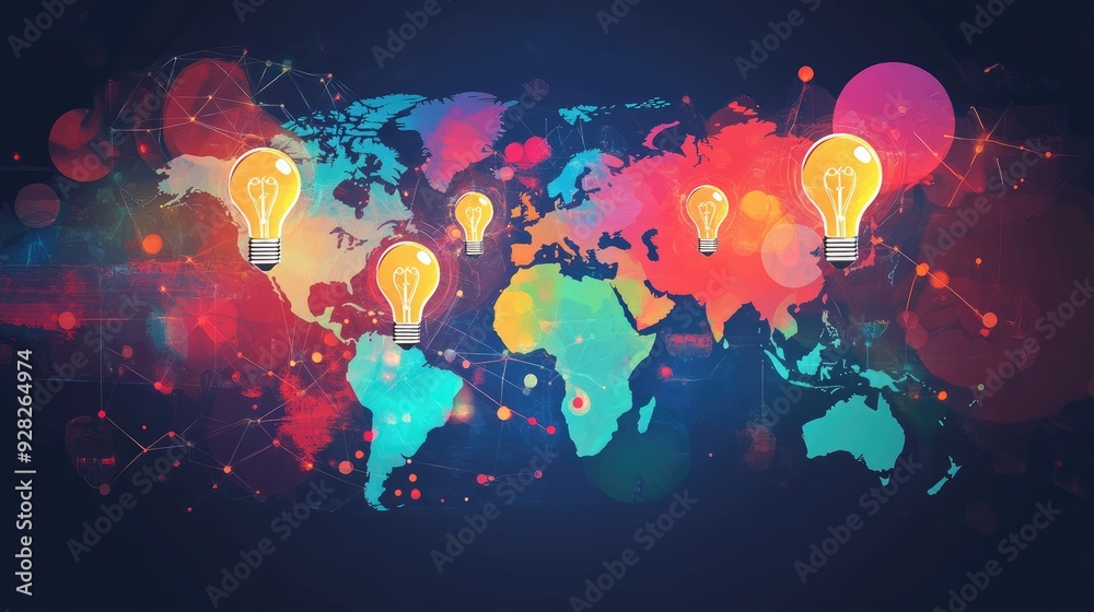 Colorful world map overlaid with icons of innovation and growth, light ...
