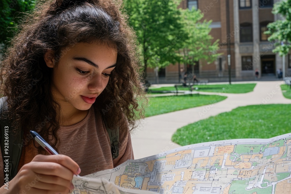 A student reviewing a campus map, planning their routes to classes and ...