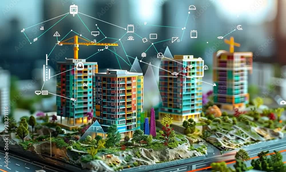 A miniature model showcases colorful, futuristic buildings surrounded ...
