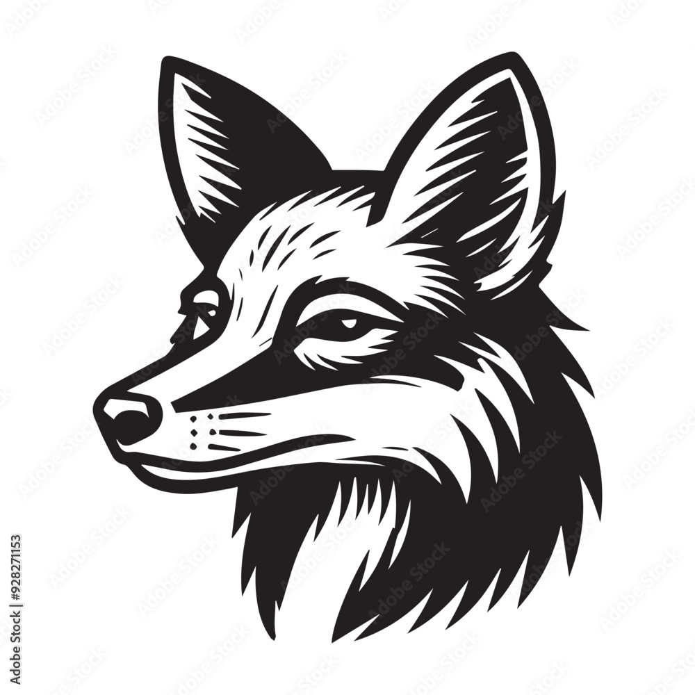 Jackal Face Outline Design, Jackal Head Clipart, Cute Jackal illustration in black and white ...