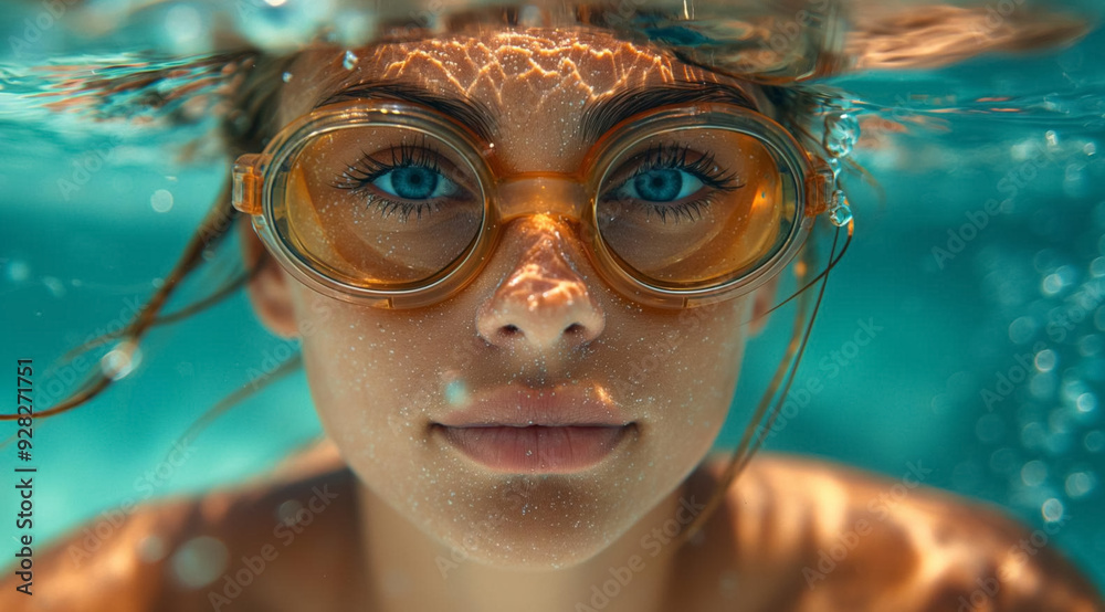 Girl's fase with blue eyes underwater wearing swimming goggles close up ...