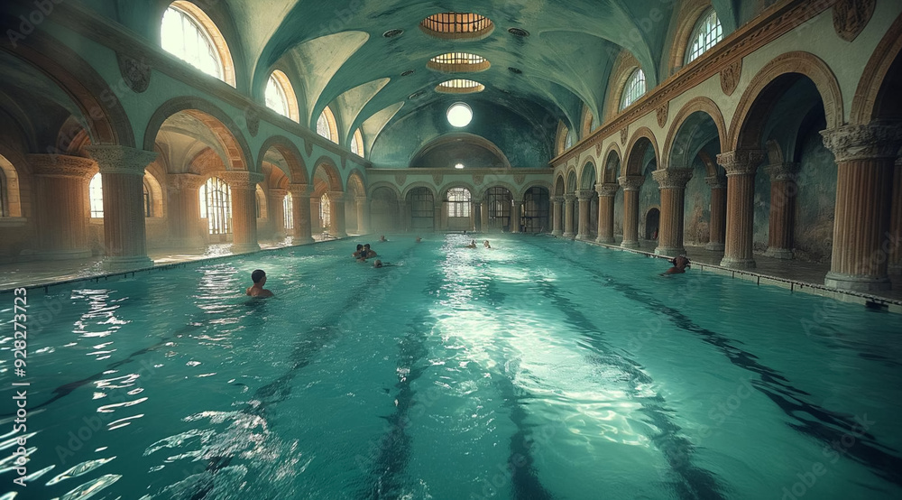 Swimming pool with people in an ancient building with columns, created ...