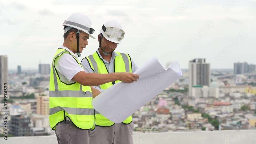 Two construction workers reviewing blueprints at a construction site ...