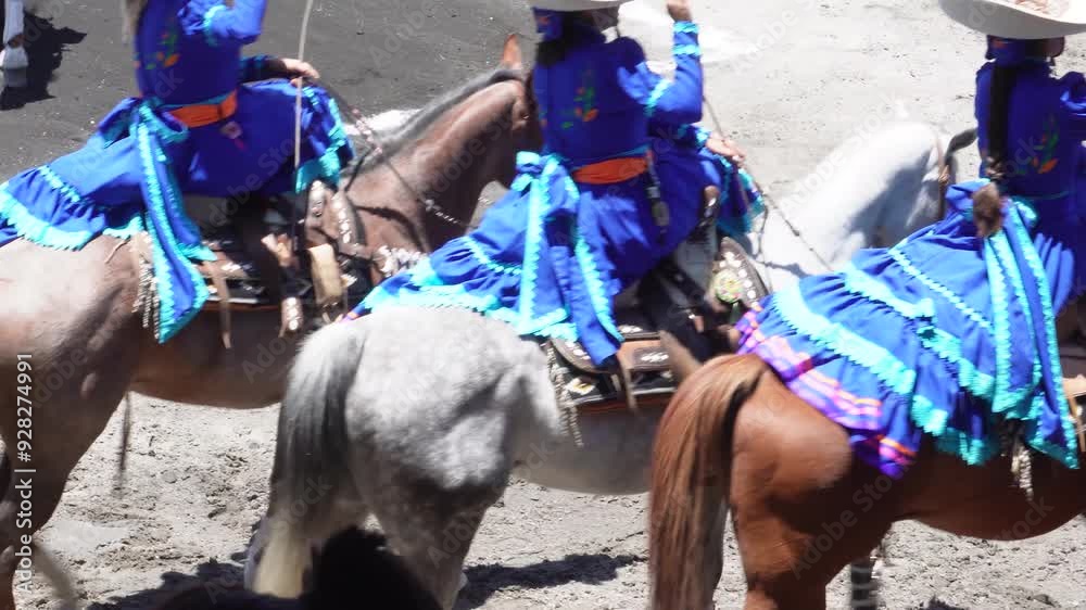 group of female mexican horse riders wearing a colorful traditional ...