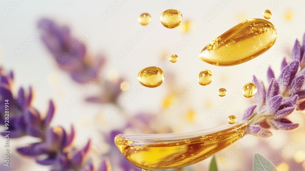 Lavender essential oil drops floating among lavender flowers in a soft ...