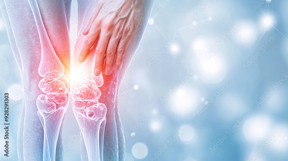 A hand is touching a knee with a red mark on it. The knee is shown in ...