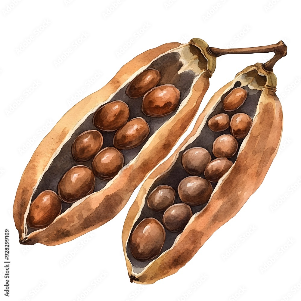 Visually striking and watercolor painting of an open tamarind pod ...